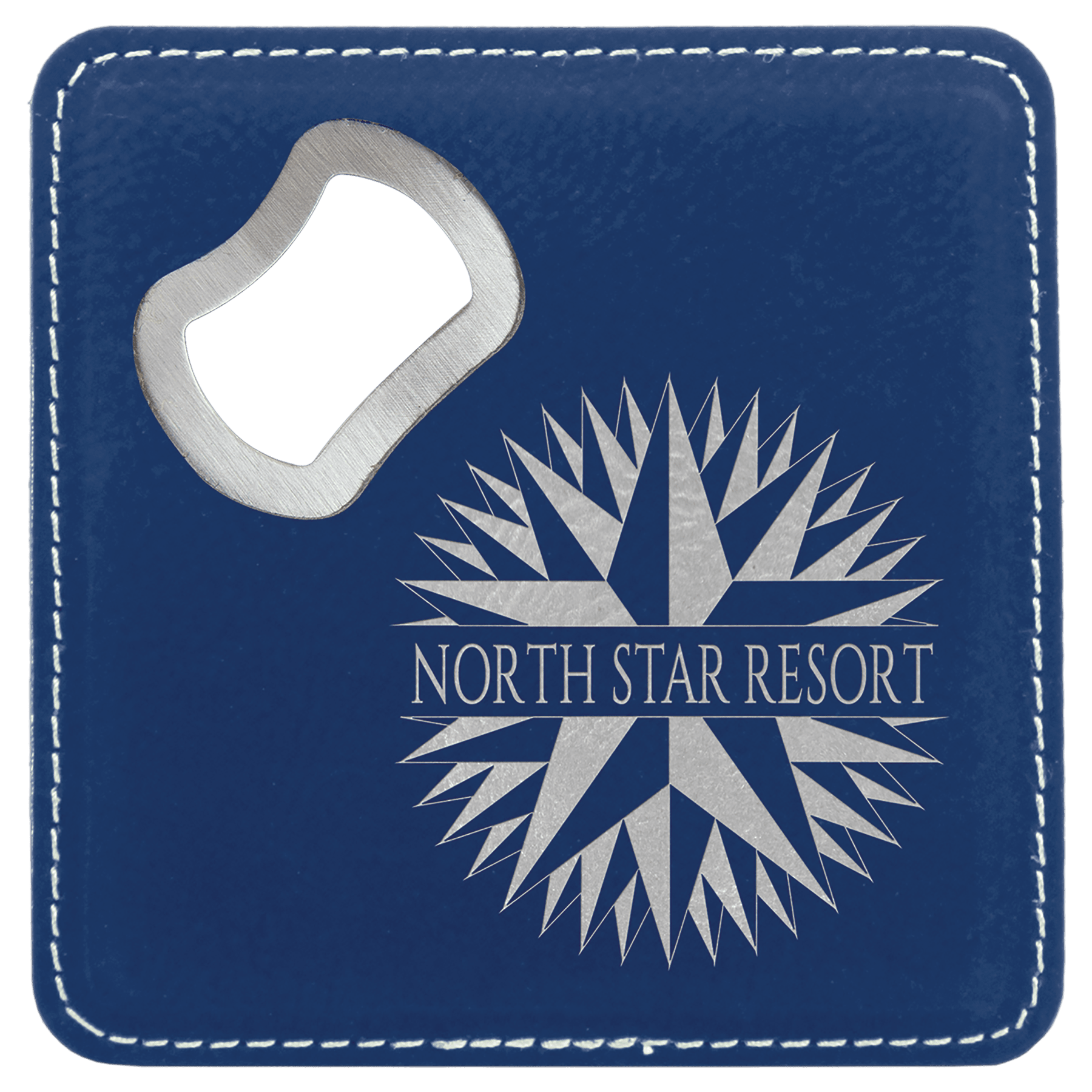 Square Blue/Silver Laserable Leatherette Coaster with Bottle Opener ...